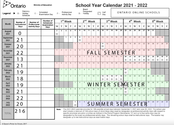 School Calendar 2021-2022 | OntarioOnlineSchools.ca